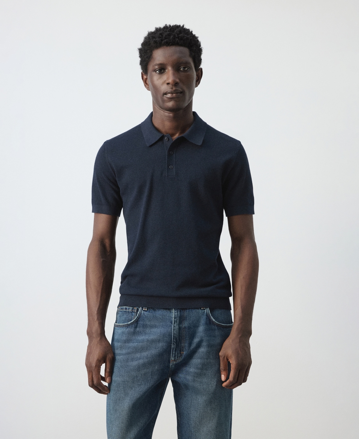 Click here for Mango Mens Microstructure Fine-Knit Polo Shirt - N... prices