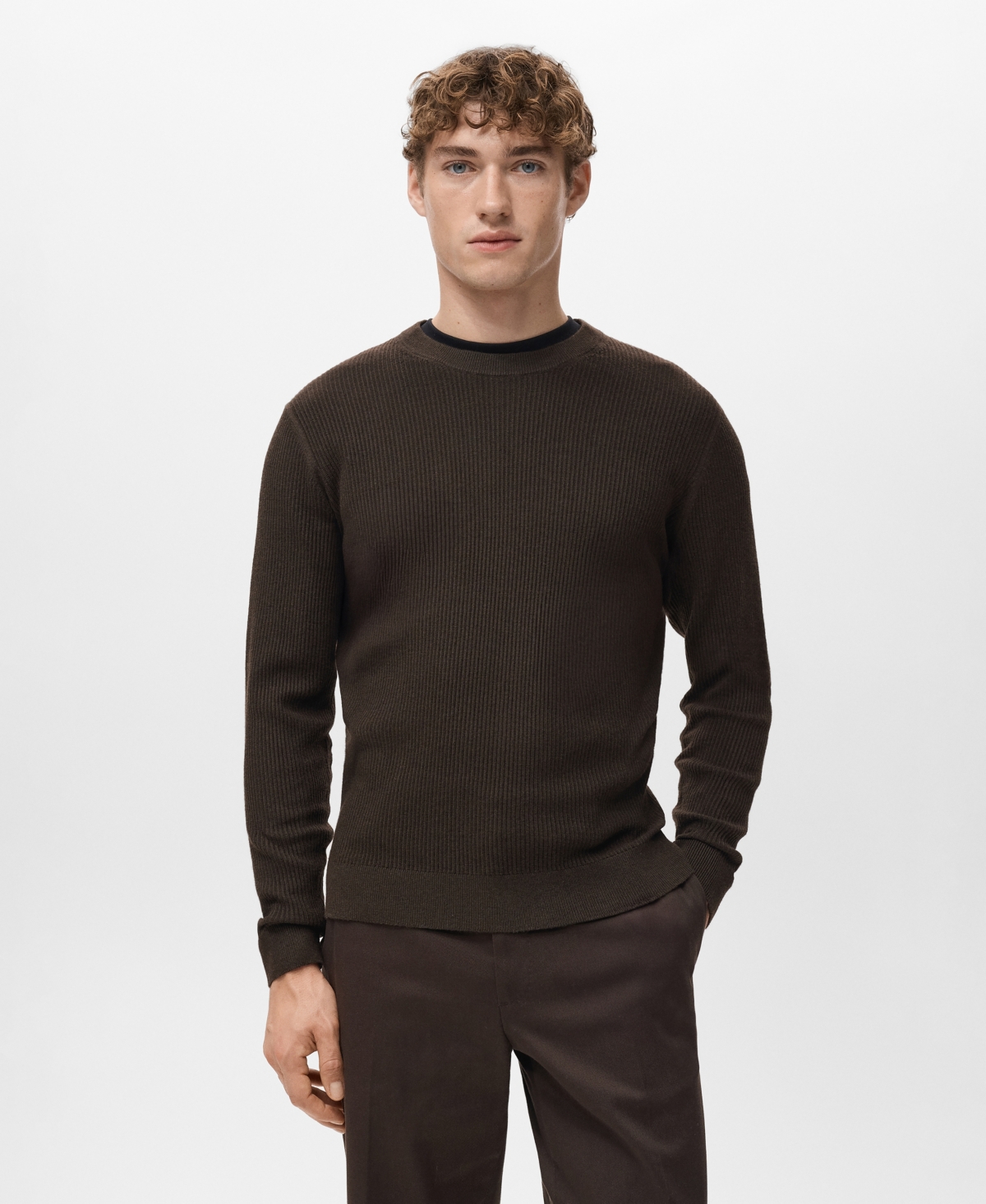 Click here for Mango Mens Fine Rib-Knit Cotton Sweater - Chocolat... prices