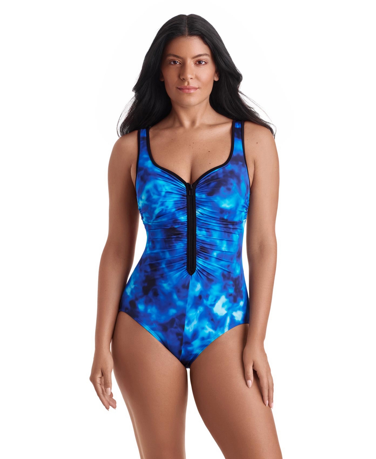 ShapeSolver Womens Shirred Zipper One-Piece Swimsuit - Laguna Waters