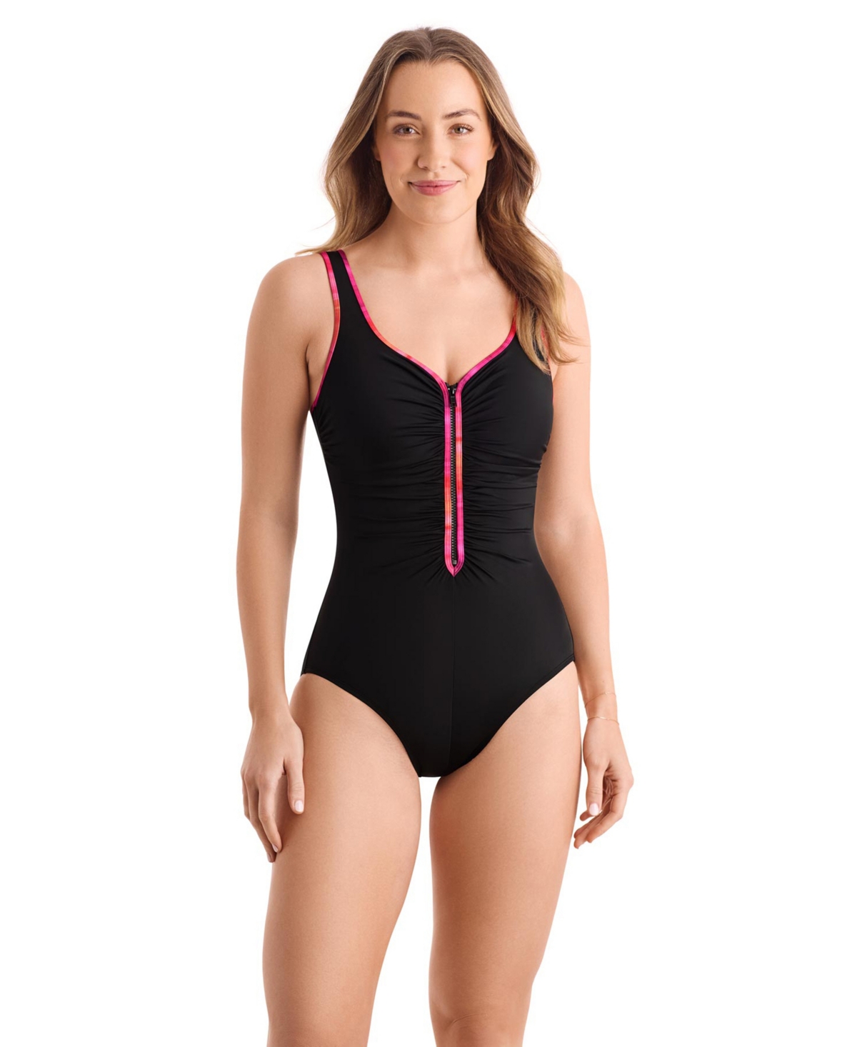 Click here for ShapeSolver Womens Shirred Zipper One-Piece Swimsu... prices