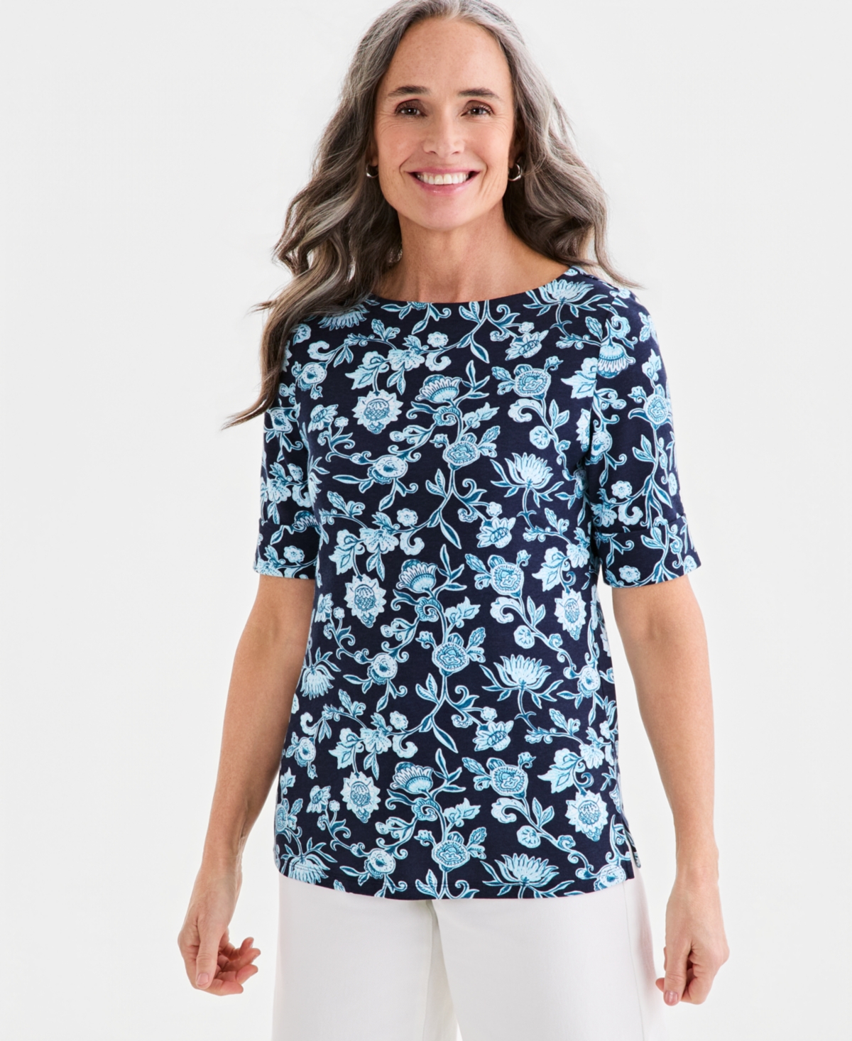 Click here for Style & Co Womens Printed Boat-Neck Elbow-Sleeve T... prices