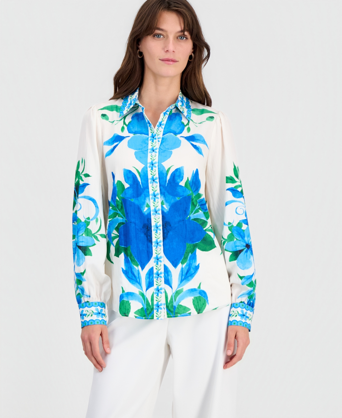 Click here for T Tahari Womens Placed-Floral Button-Down Shirt -... prices