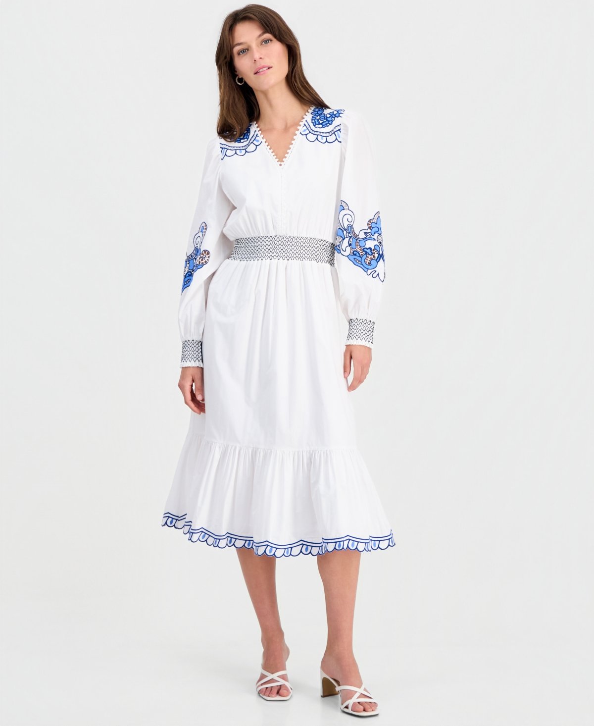 Click here for T Tahari Womens Cotton Embroidered-Trim Tiered Dre... prices