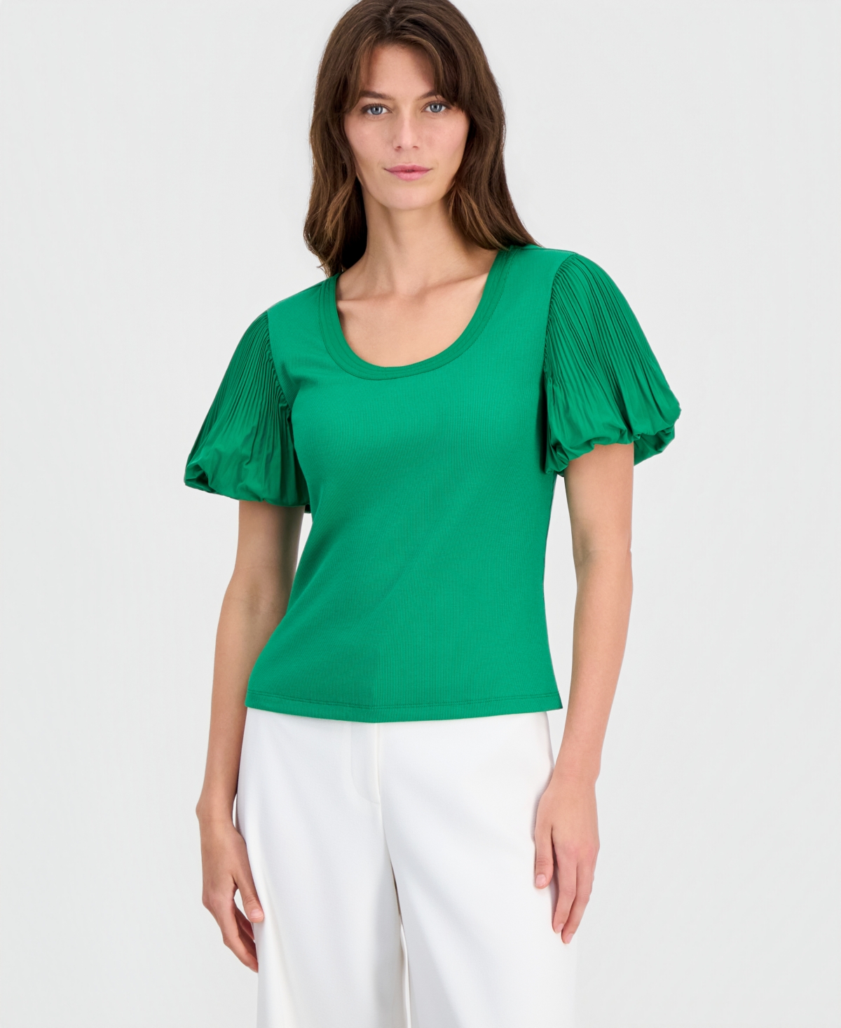 Click here for T Tahari Womens Scoop-Neck Pleated-Sleeve Top - Ju... prices