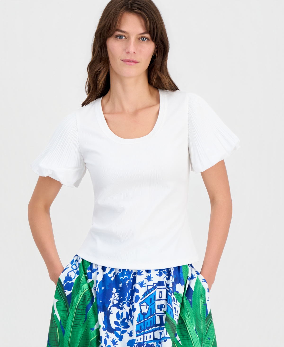 Click here for T Tahari Womens Scoop-Neck Pleated-Sleeve Top - Wh... prices