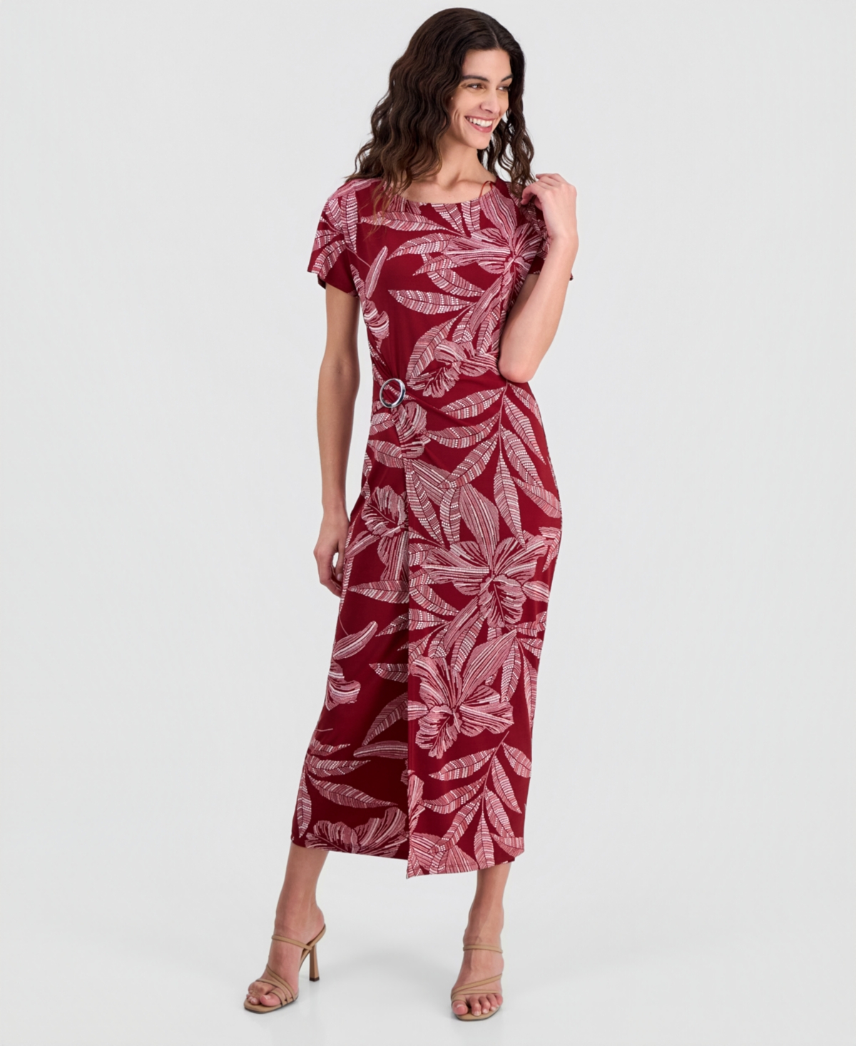 Click here for Robbie Bee Womens Printed Round-Neck Faux-Wrap Dre... prices