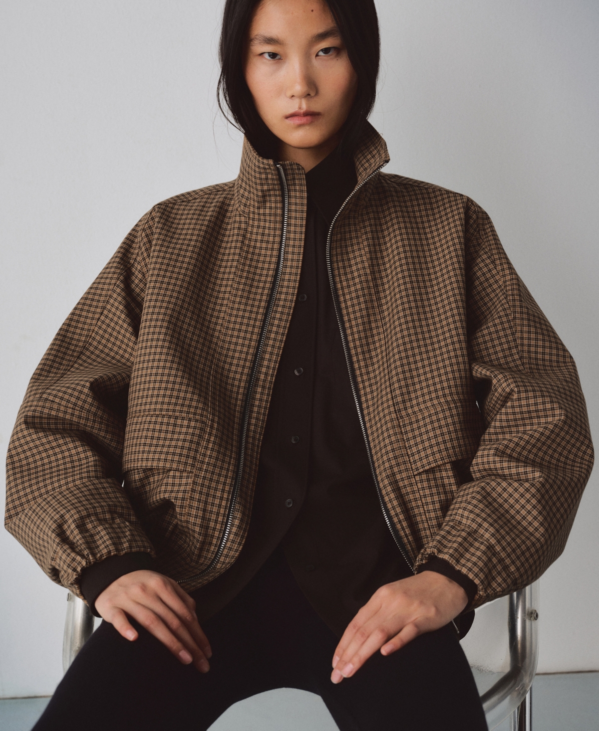 Click here for Mango Womens Houndstooth High-Neck Jacket - Brown prices