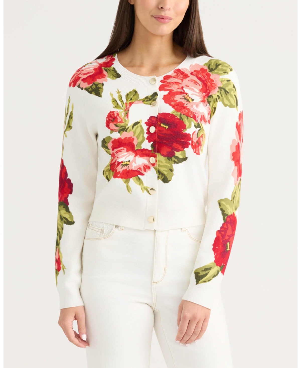 Click here for Ellen Tracy Womens Printed Button-Front Cardigan -... prices