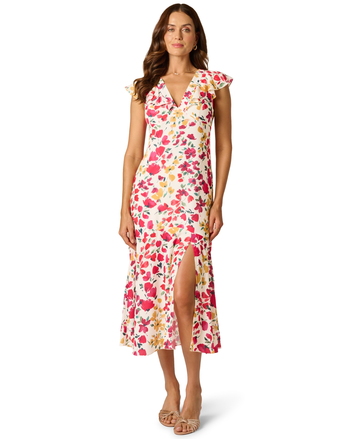 Click here for Adrianna Papell Womens Floral Print V-Neck Midi Dr... prices