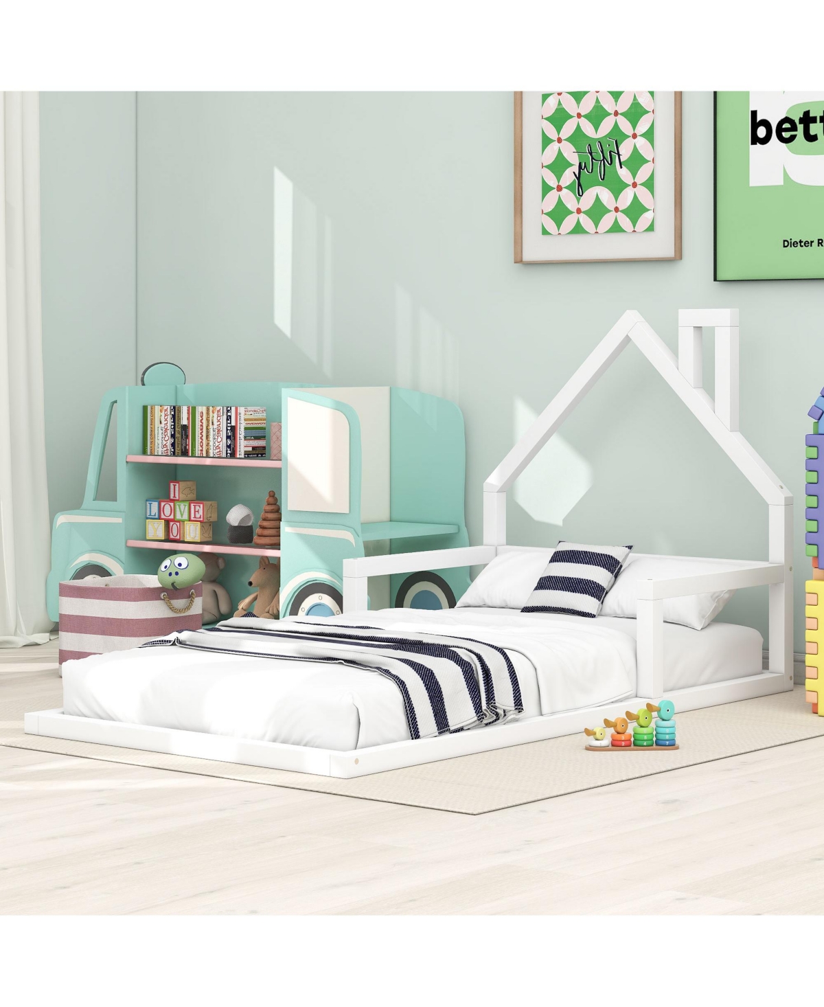 Click here for flynama Wood Floor Bed House Shaped Headboard Chim... prices