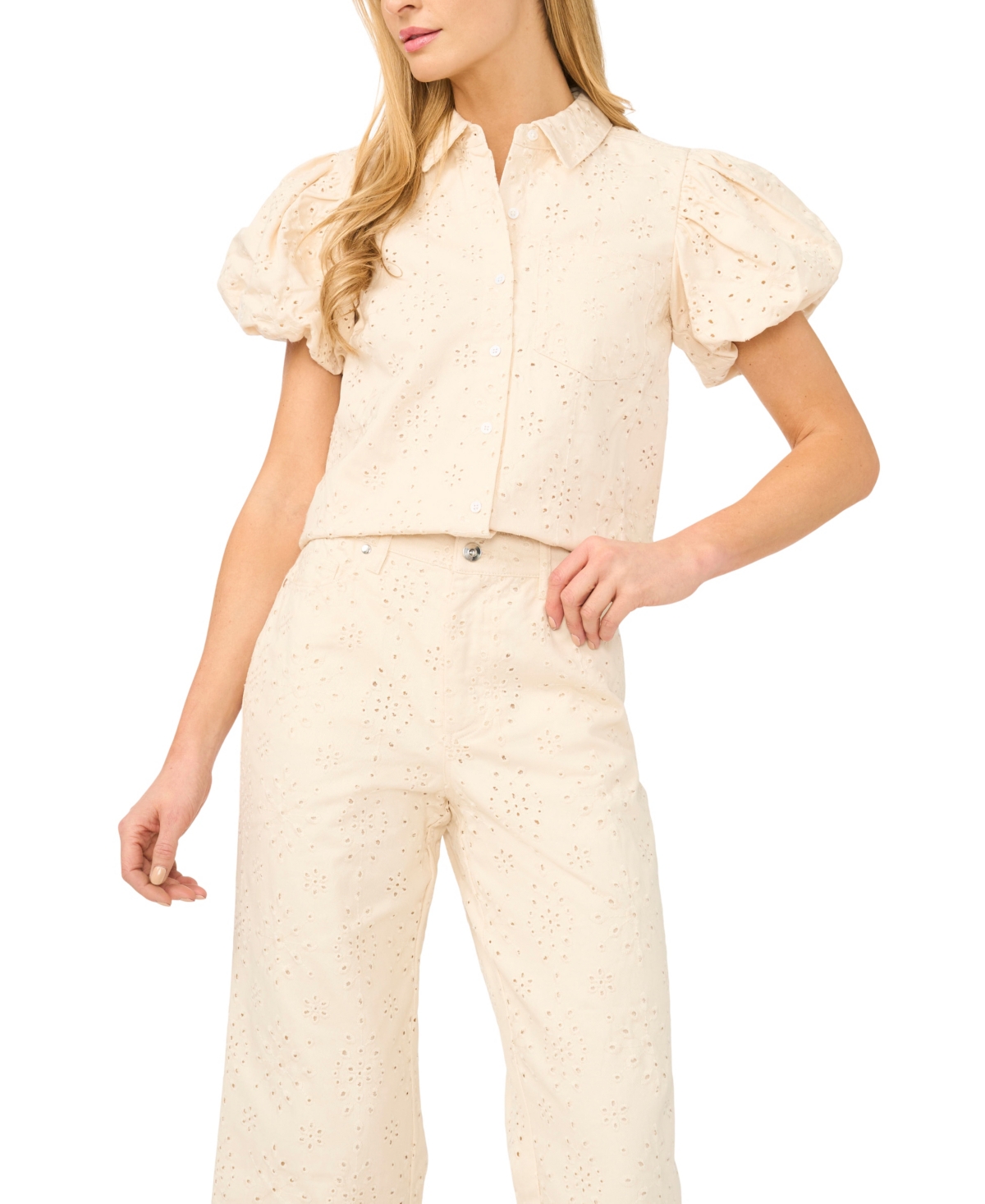 Click here for CeCe Womens Collared Puff-Sleeve Cotton Shirt - Wa... prices