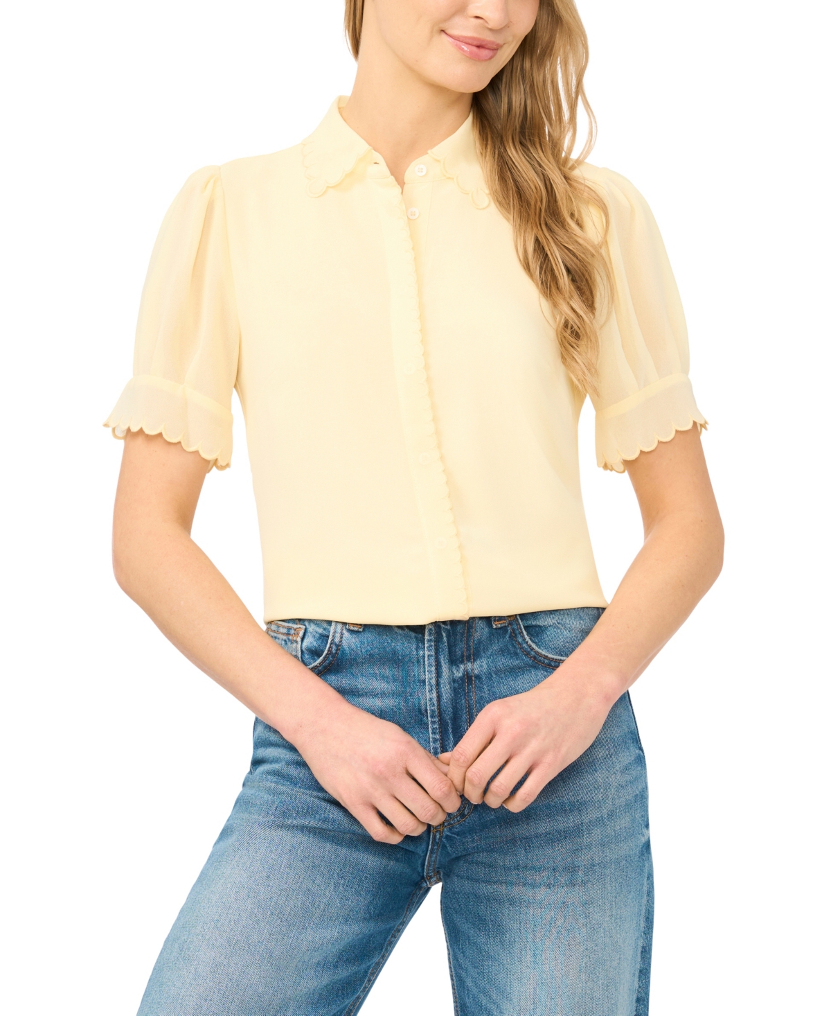 Click here for CeCe Womens Scalloped Puff-Sleeve Button-Front Top... prices