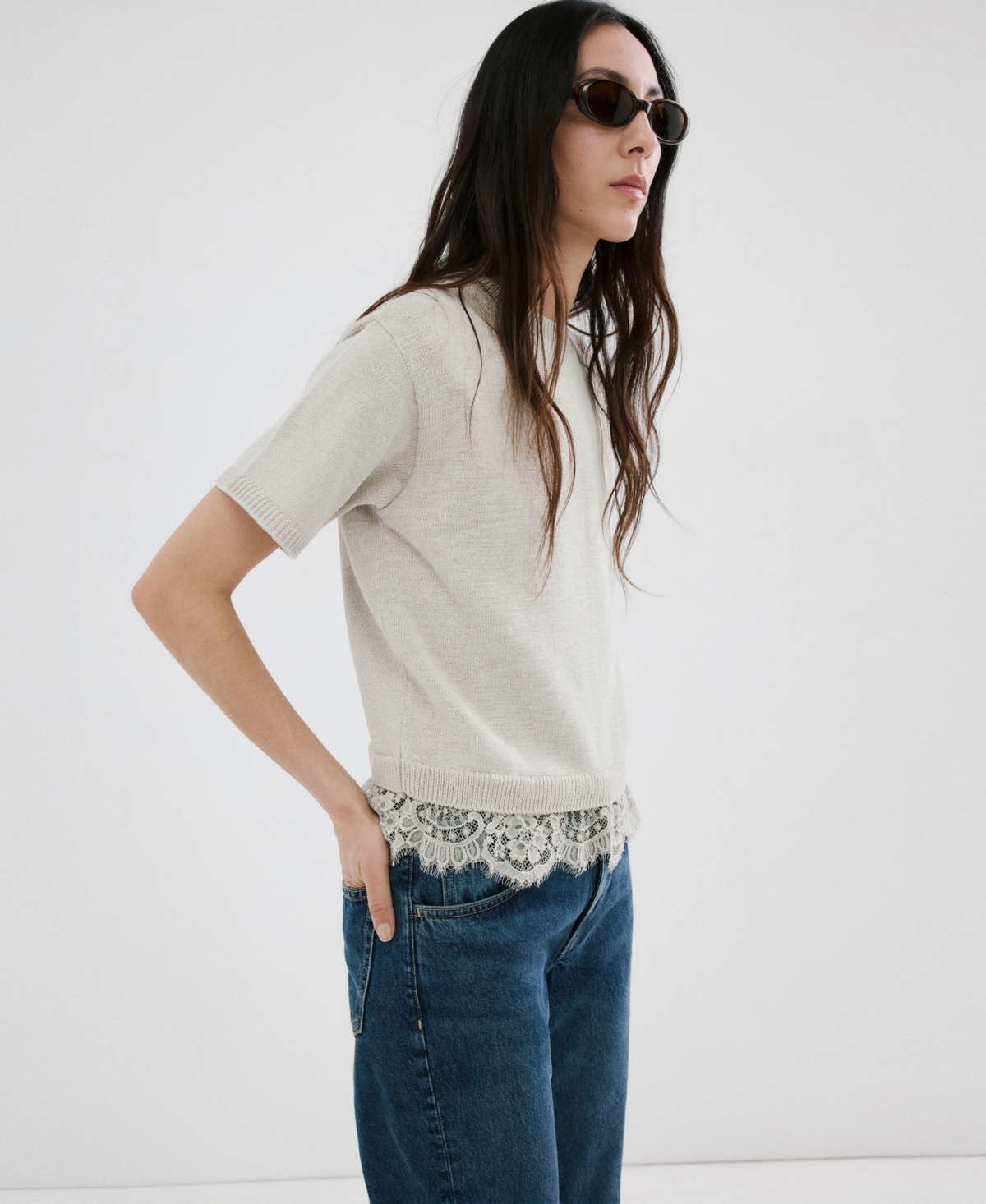 Click here for Mango Womens Lace-Trim Knit Sweater - Light/pastel... prices