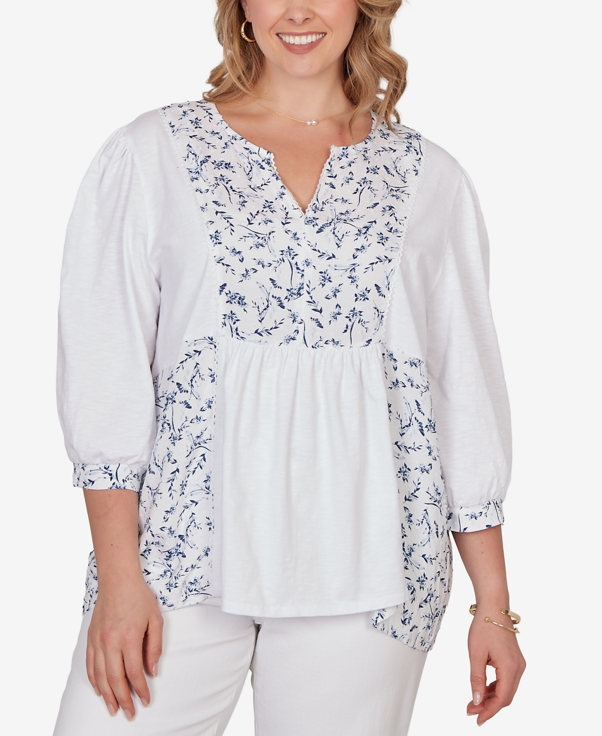 Click here for Ruby Rd. Plus Size Mixed Fabric Sharkbite Knit Top... prices