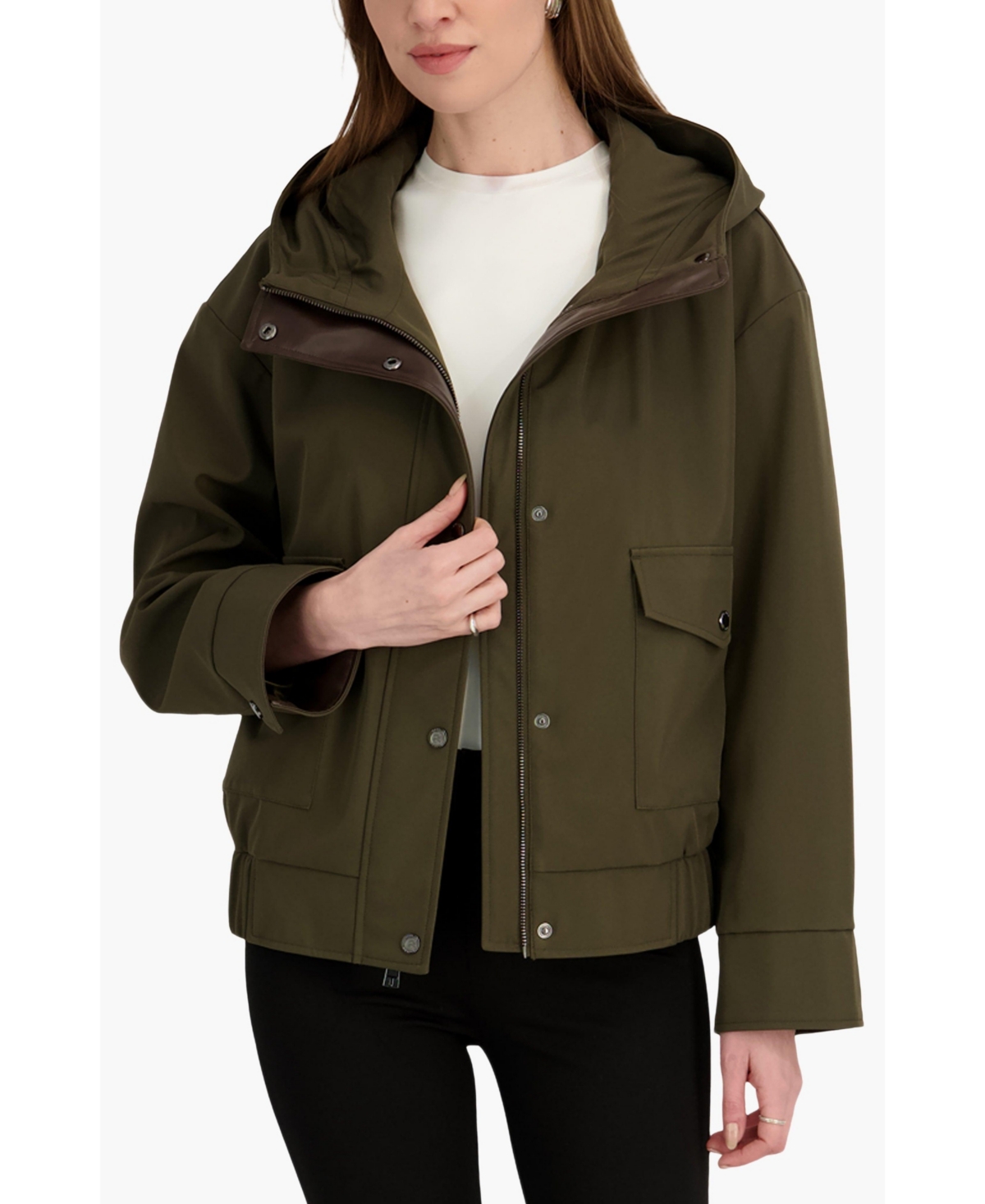 Click here for Tahari Womens Hooded Softshell Bomber Leone - Oliv... prices