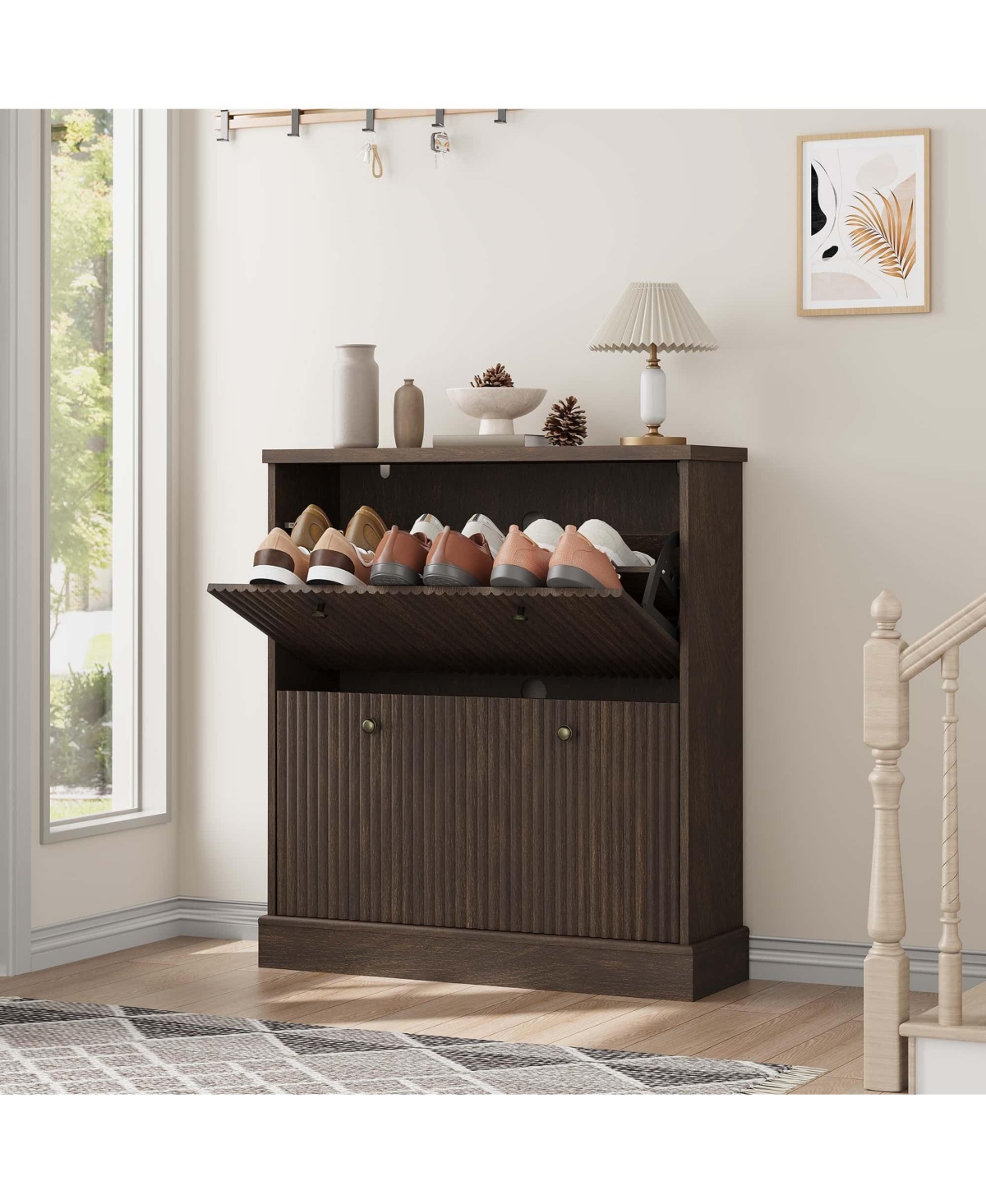 Click here for Homfan Fluted Shoe Cabinet with 2 Flip Drawers  Hi... prices