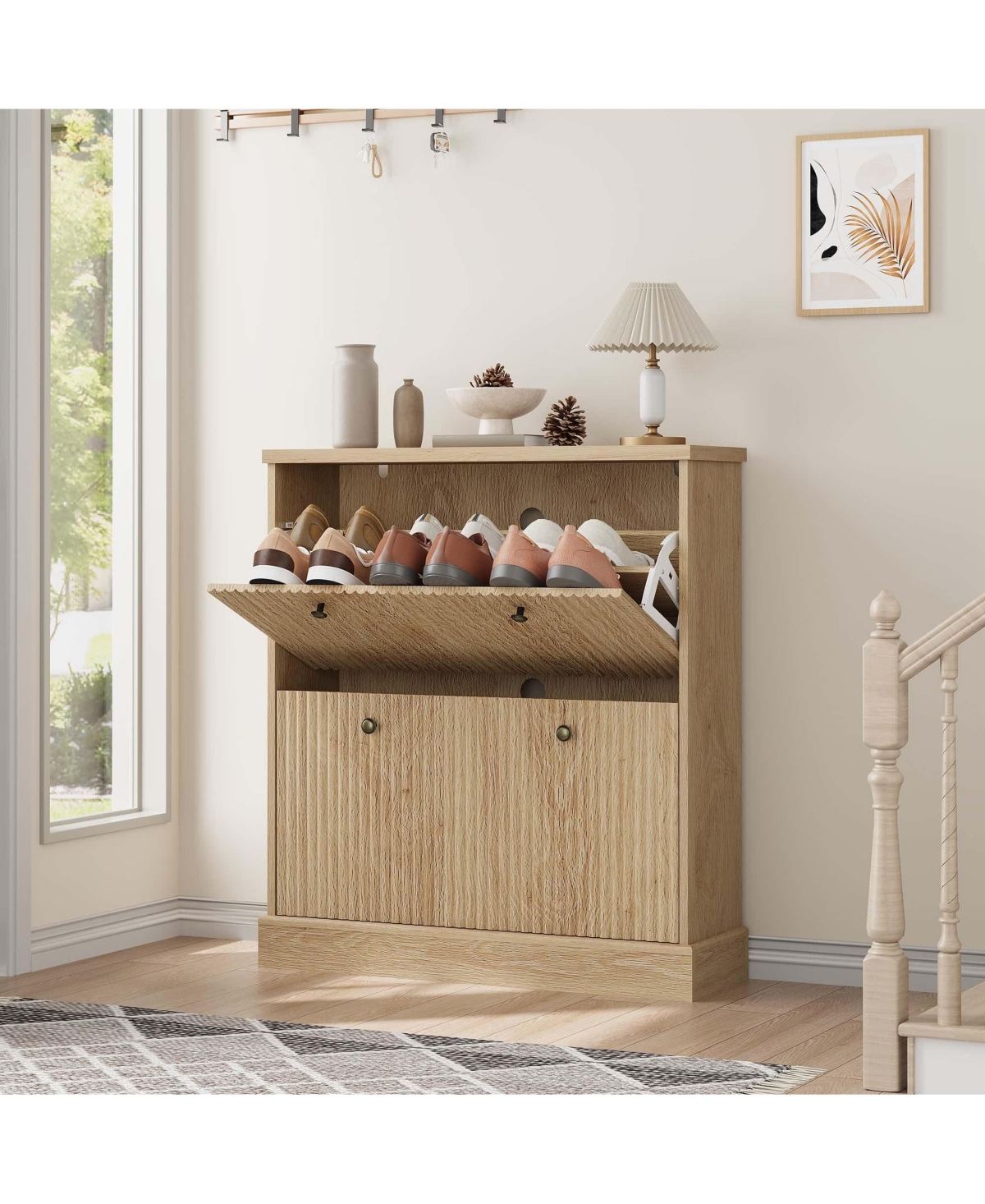 Click here for Homfan Fluted Shoe Cabinet with 2 Flip Drawers  Hi... prices