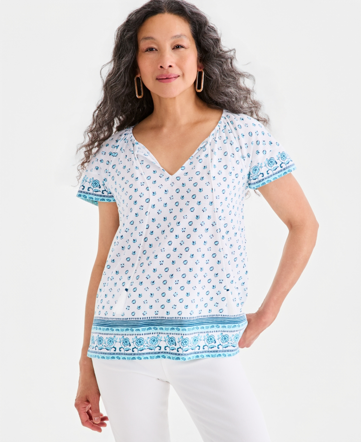 Click here for Style & Co Womens Printed Split-Neck Flutter Sleev... prices