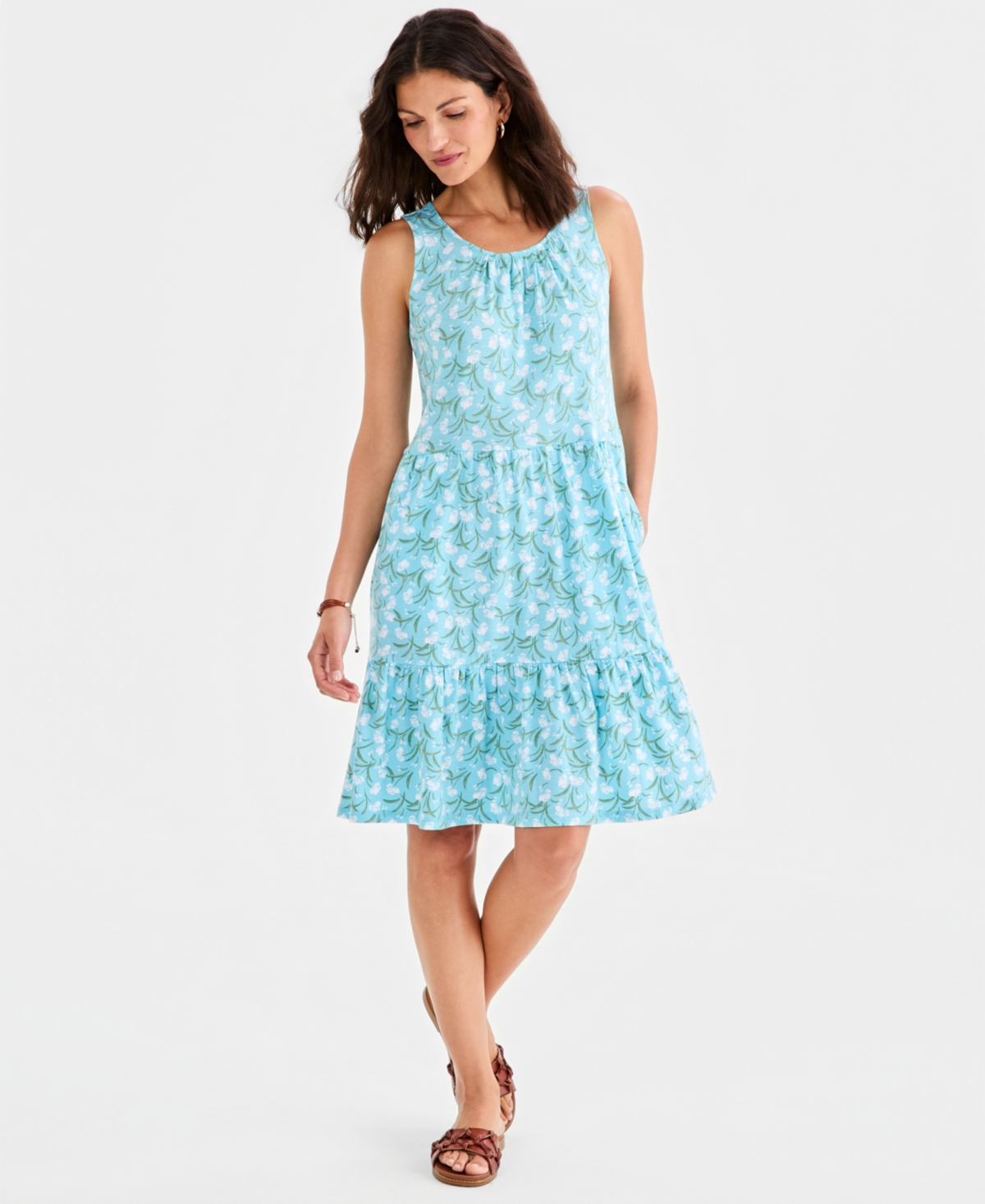 Click here for Style & Co Womens Printed Sleeveless Tiered Dress... prices