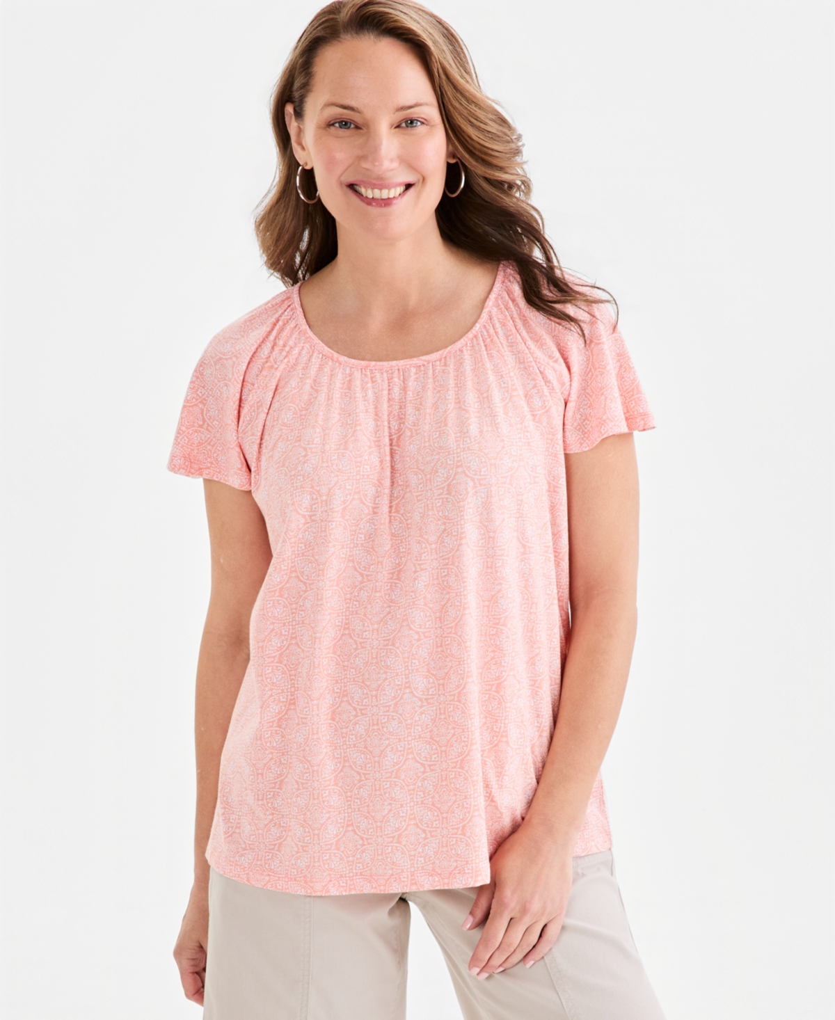 Click here for Style & Co Womens Printed Scoop-Neck Flutter-Sleev... prices