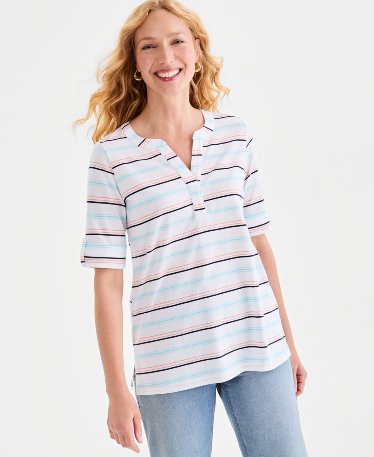 Click here for Style & Co Womens Printed Split-Neck Elbow Sleeve... prices