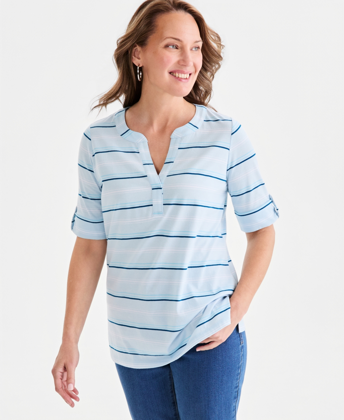 Click here for Style & Co Womens Printed Split-Neck Elbow Sleeve... prices