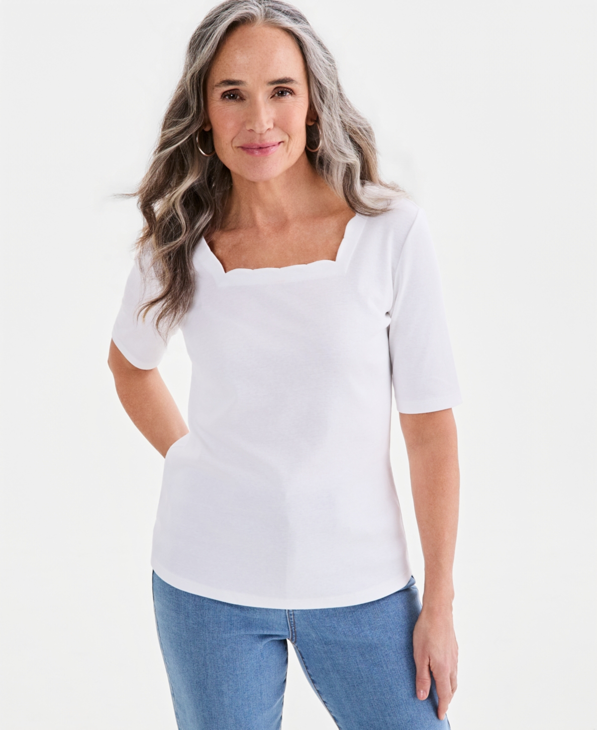 Click here for Style & Co Womens Cotton Scalloped Square-Neck Top... prices
