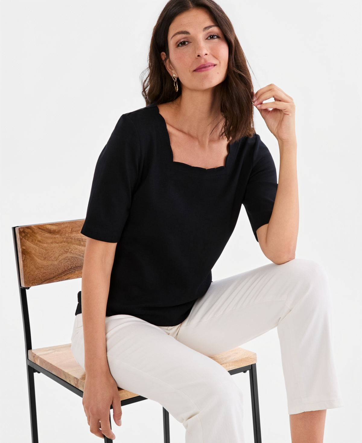 Click here for Style & Co Womens Cotton Scalloped Square-Neck Top... prices