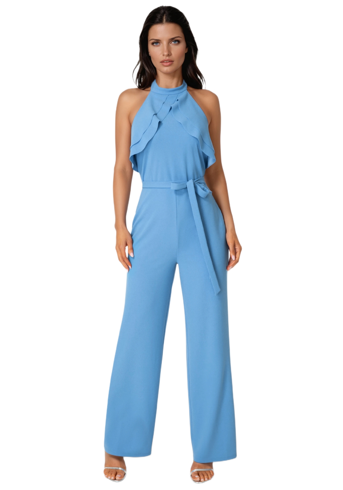 Click here for Bebe Womens Scuba Crepe Ruffled Halter Jumpsuit -... prices
