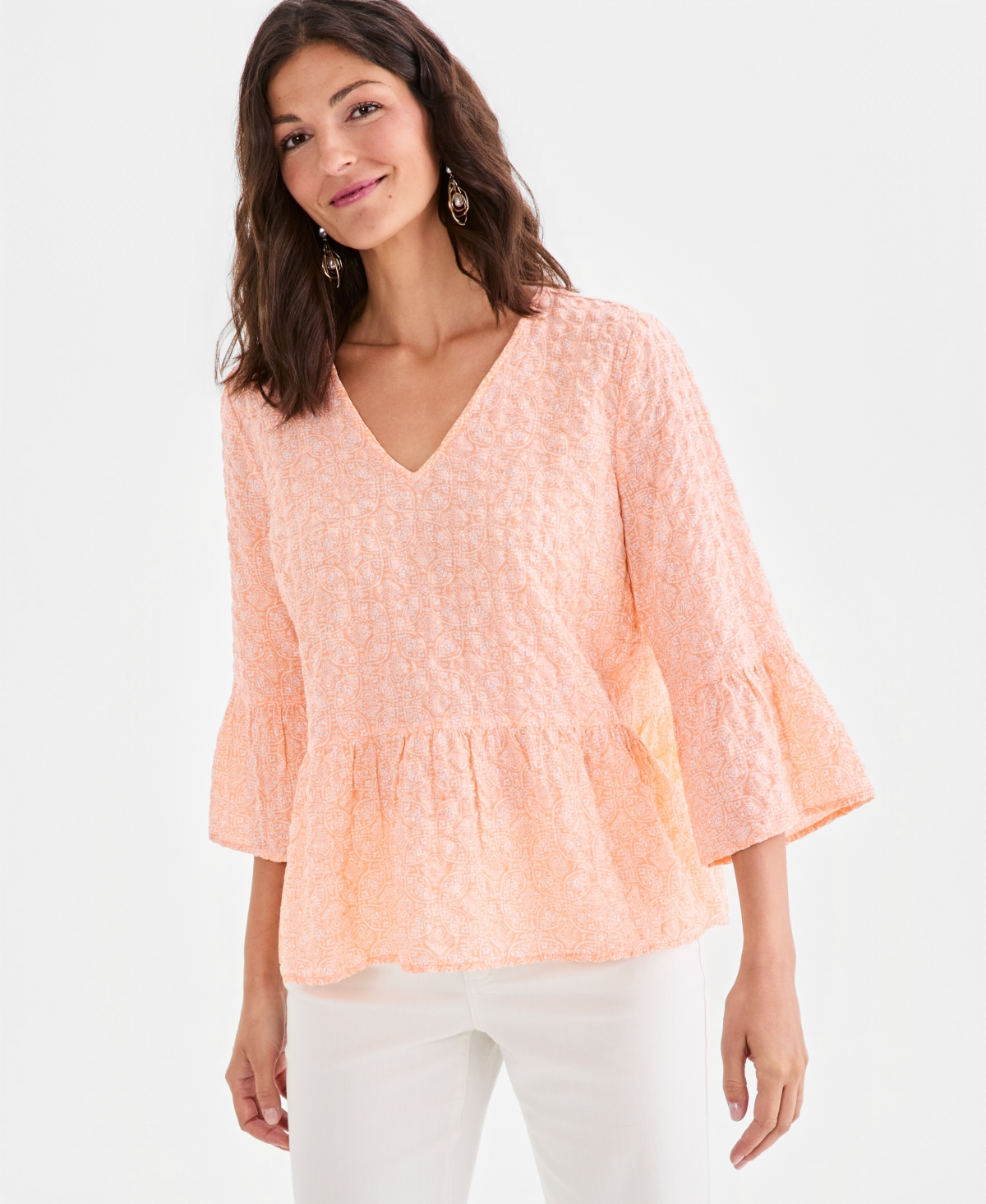 Click here for Style & Co Womens Printed V-Neck Seersucker Peplum... prices