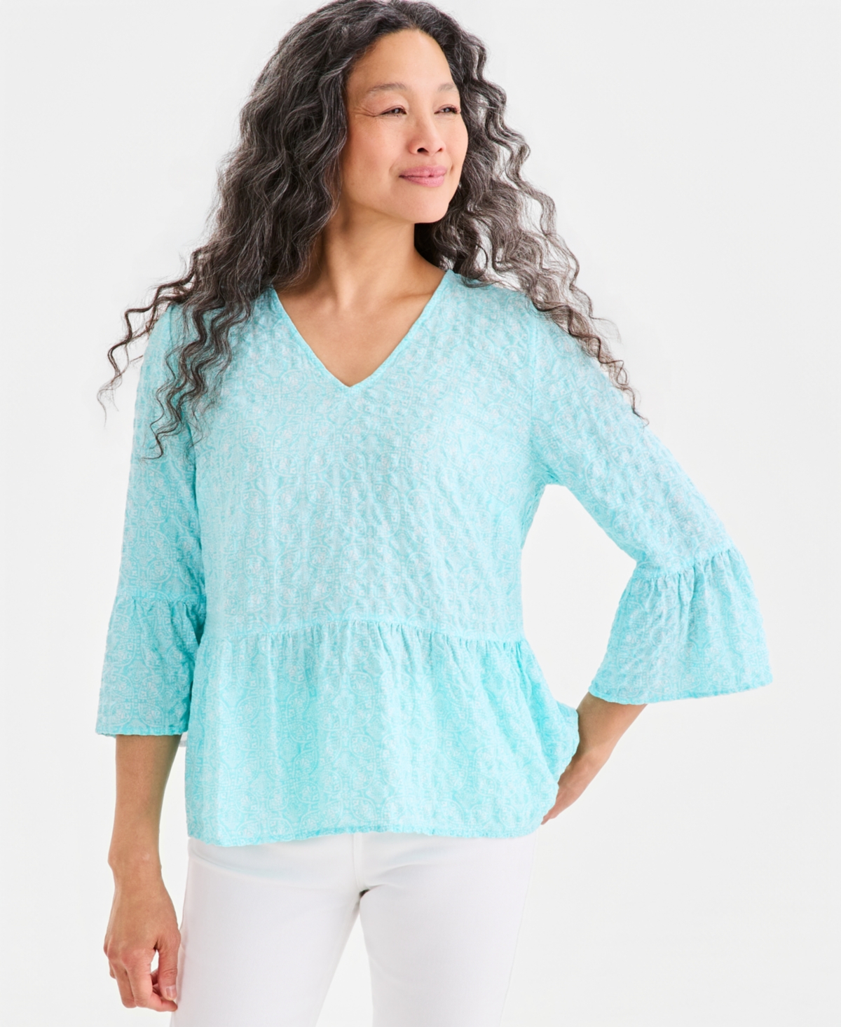 Click here for Style & Co Womens Printed V-Neck Seersucker Peplum... prices