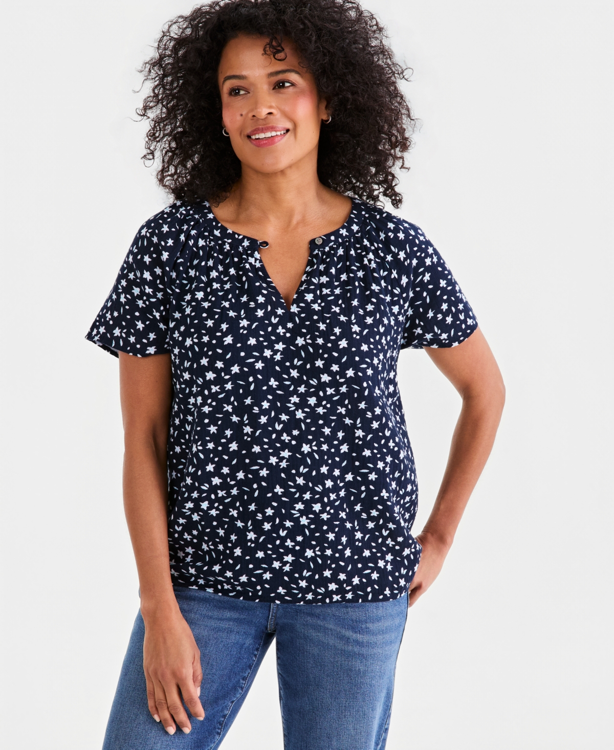 Click here for Style & Co Womens Printed Gauze Flutter-Sleeve Top... prices