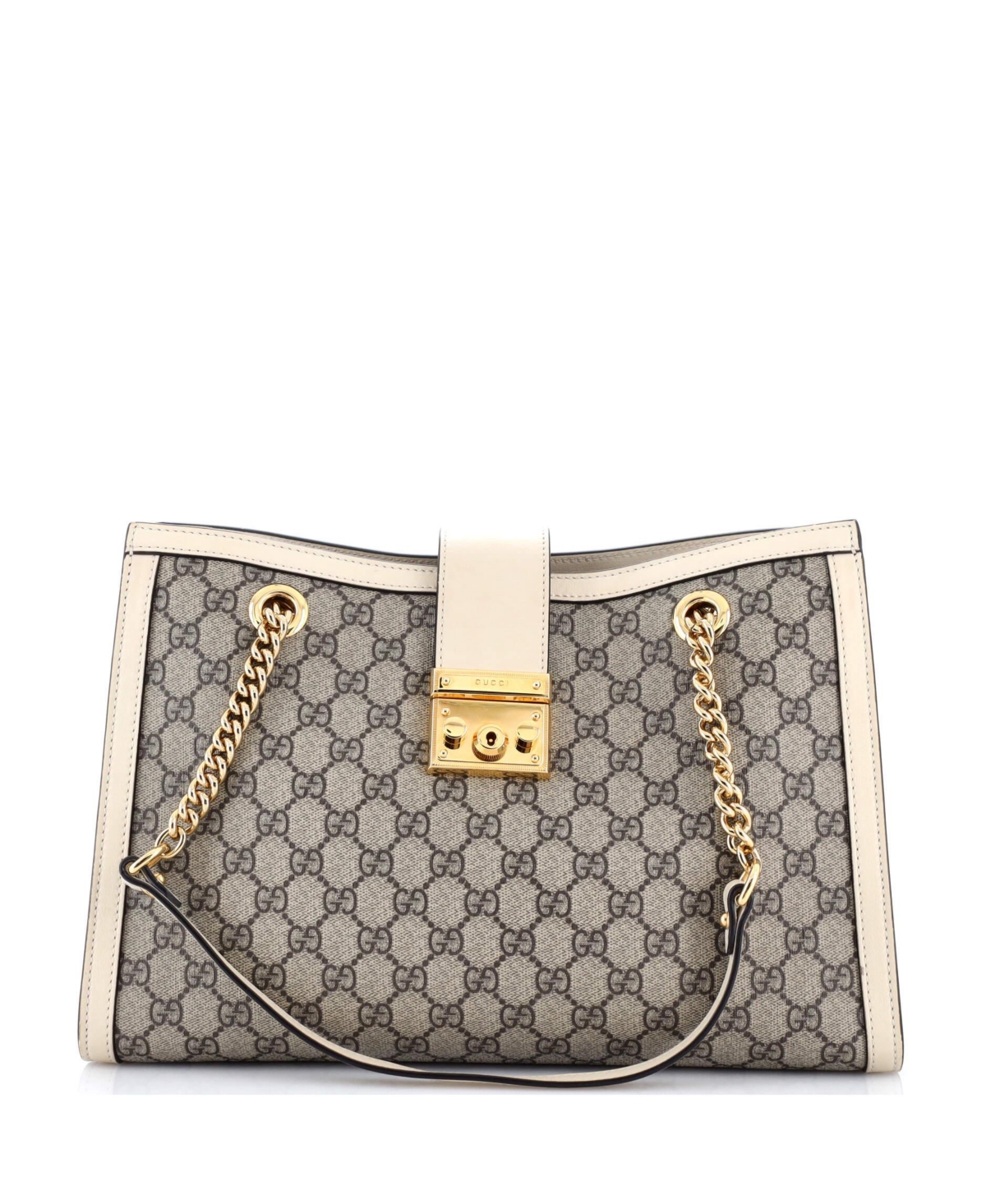 Click here for Pre-Owned Gucci Medium Padlock Chain Tote Gg Coate... prices