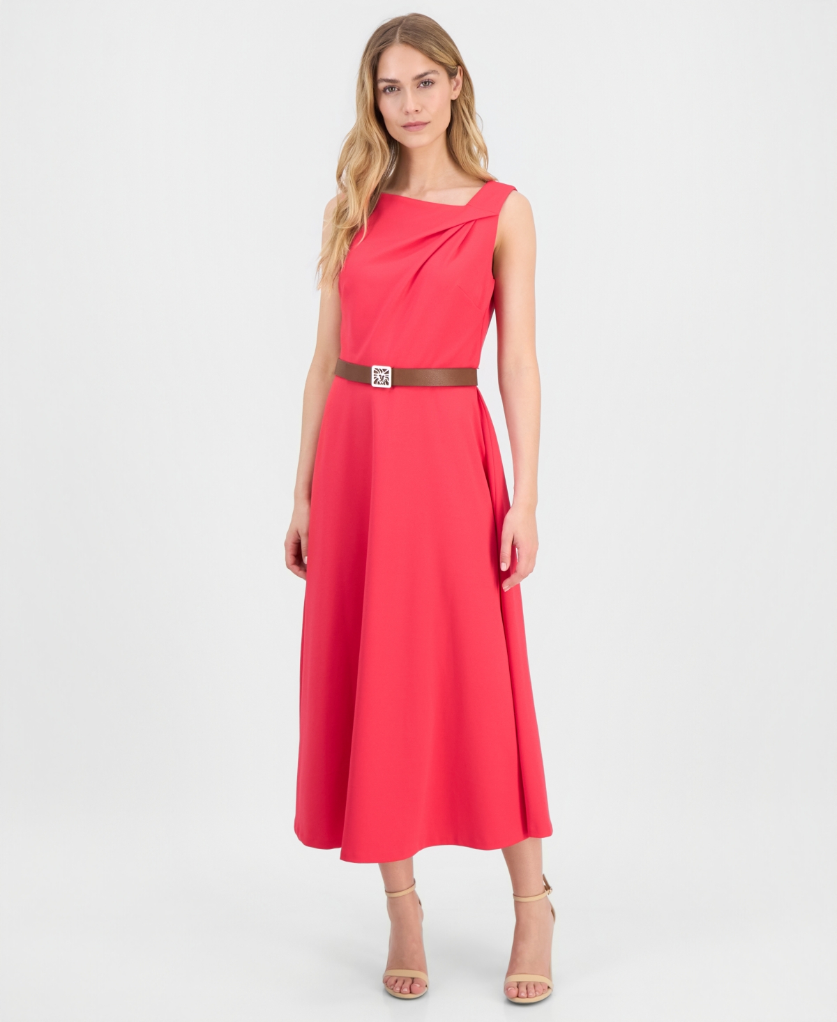 Click here for Anne Klein Womens Asymmetric-Neck Belted Midi Dres... prices