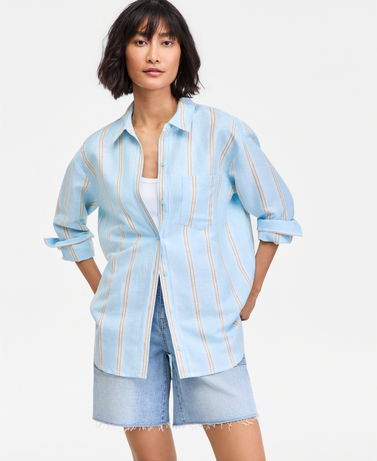 Click here for On 34th Womens Linen-Blend Relaxed Button-Down Shi... prices