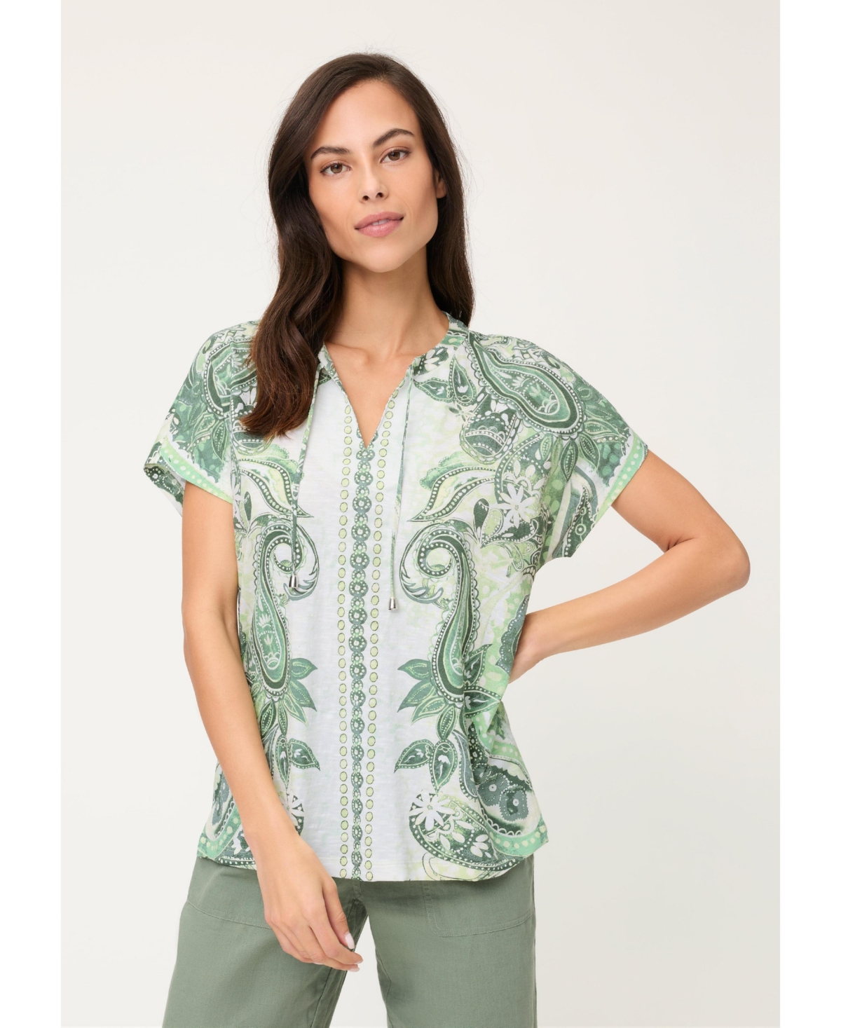 Click here for Olsen Womens Paisley Panneaux Print T-Shirt - Khak... prices