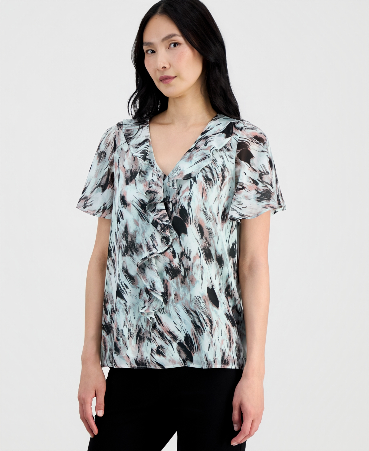 Click here for Kasper Womens Ruffle-Front Flutter-Sleeve Blouse -... prices