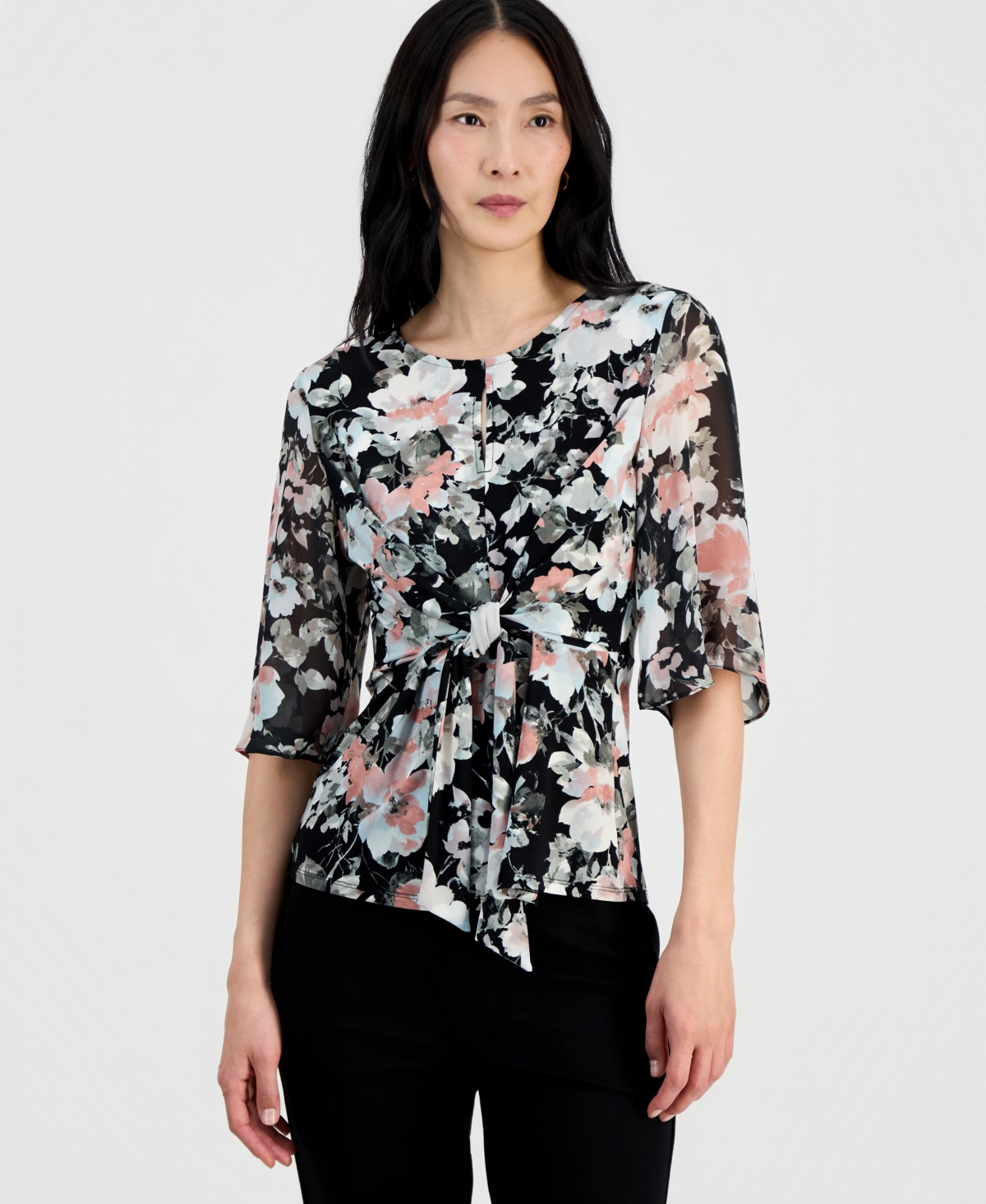Click here for Kasper Petite Mix Media Crewneck Top - Black Multi prices