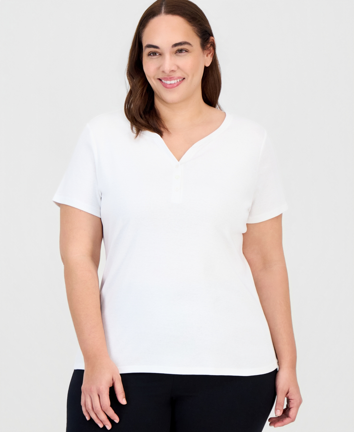 Style & Co Plus Size Short-Sleeve Henley Top  Exclusively at Macys - Bright White
