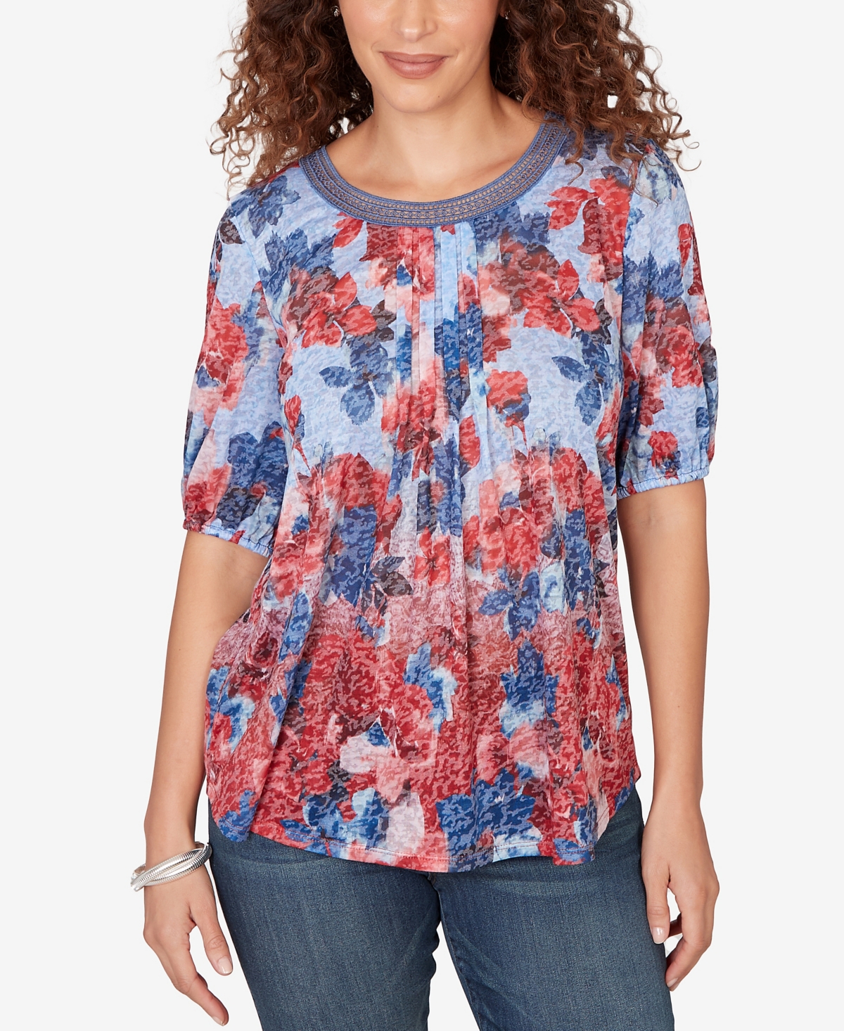 Click here for Ruby Rd. Petite Abstract Floral Lace Trim Top - Re... prices