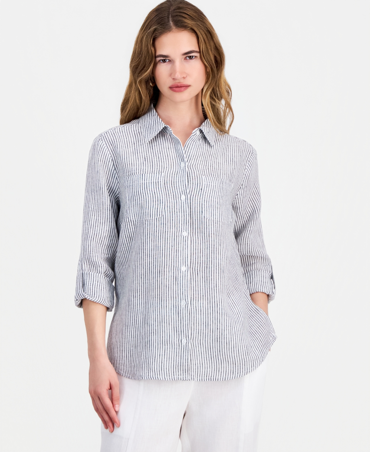 Click here for Charter Club Petite 100 Linen Button-Front Shirt... prices