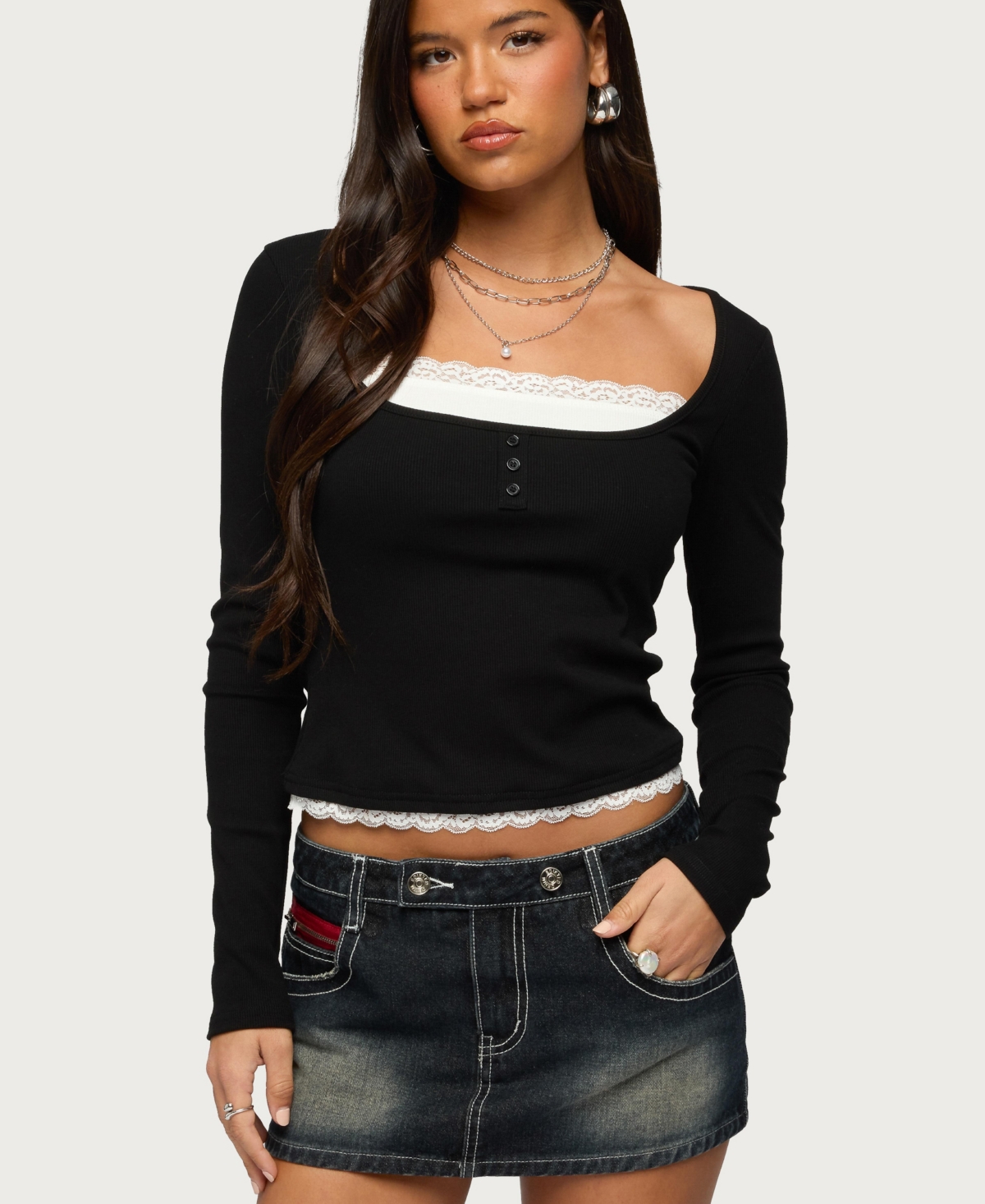 Click here for Edikted Womens Joana Layered Lacey Henley Top - Bl... prices