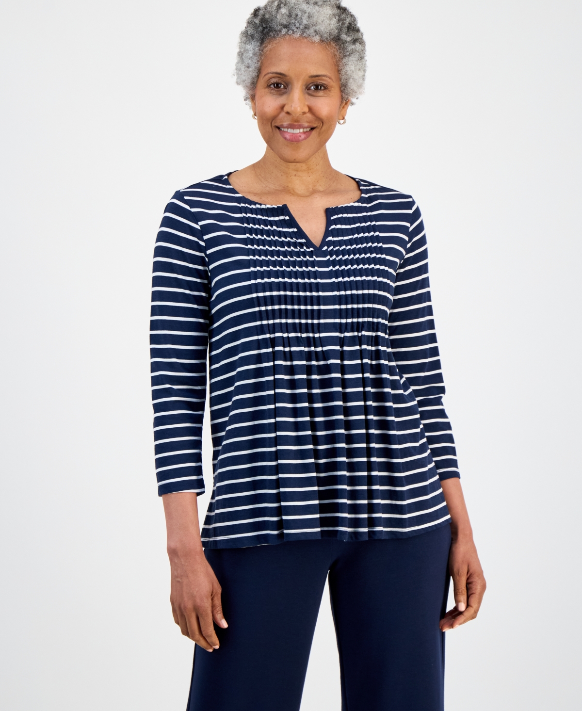 Click here for Style & Co Petite Notch-Neck Long-Sleeve Pintuck T... prices