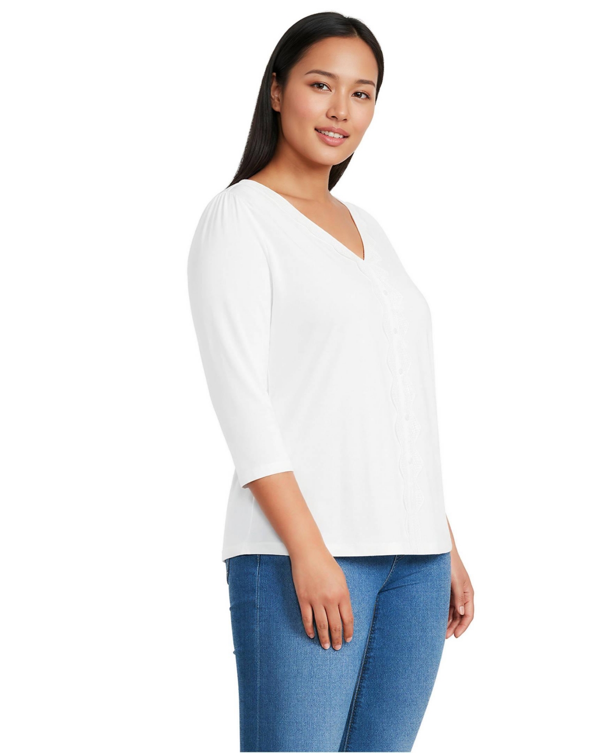 Click here for Lands End Plus Size 3/4 Sleeve Slub V-neck Lace Tr... prices