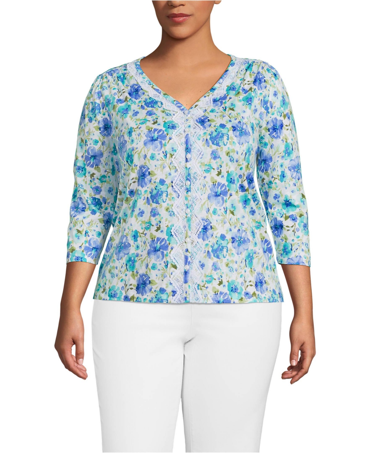 Click here for Lands End Plus Size 3/4 Sleeve Slub V-neck Lace Tr... prices