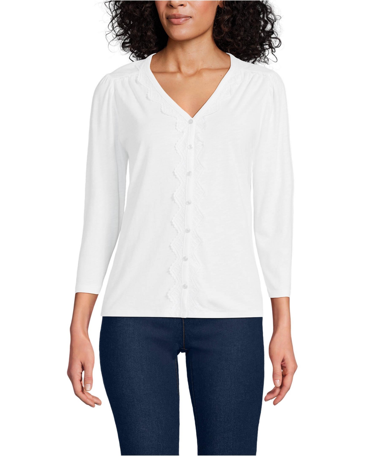 Click here for Lands End Womens 3/4 Sleeve Slub V-neck Lace Trim... prices