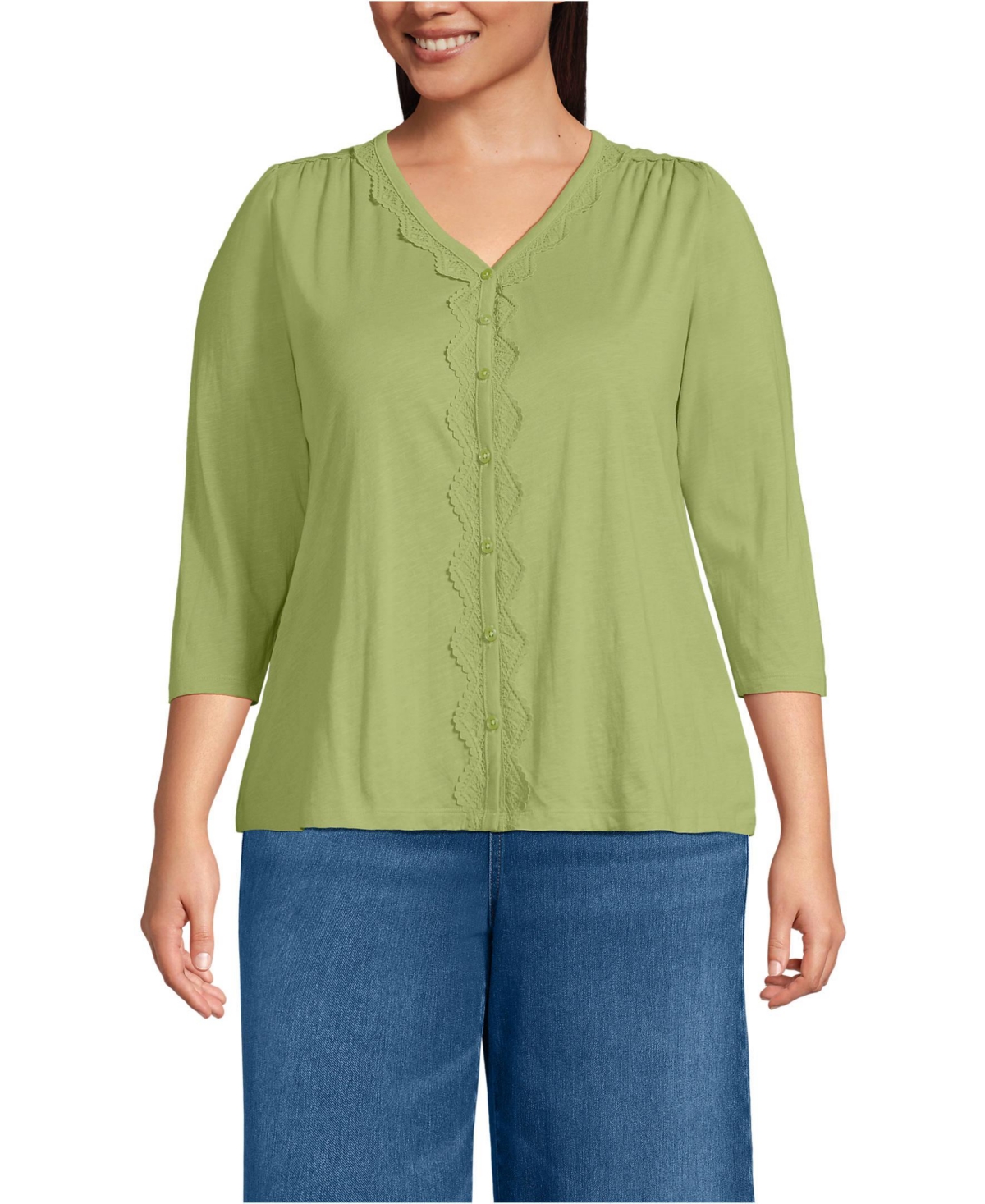 Click here for Lands End Plus Size 3/4 Sleeve Slub V-neck Lace Tr... prices