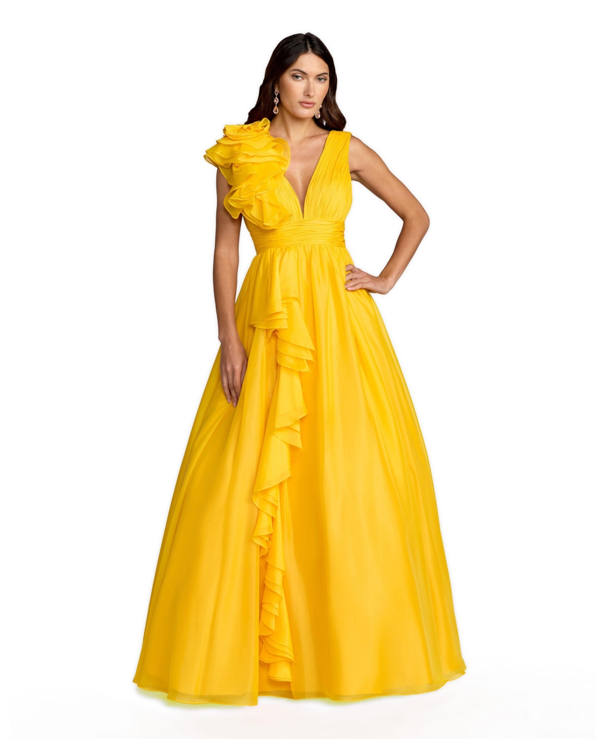 Click here for Mac Duggal Womens Ruffle Shoulder V-Neck Chiffon G... prices