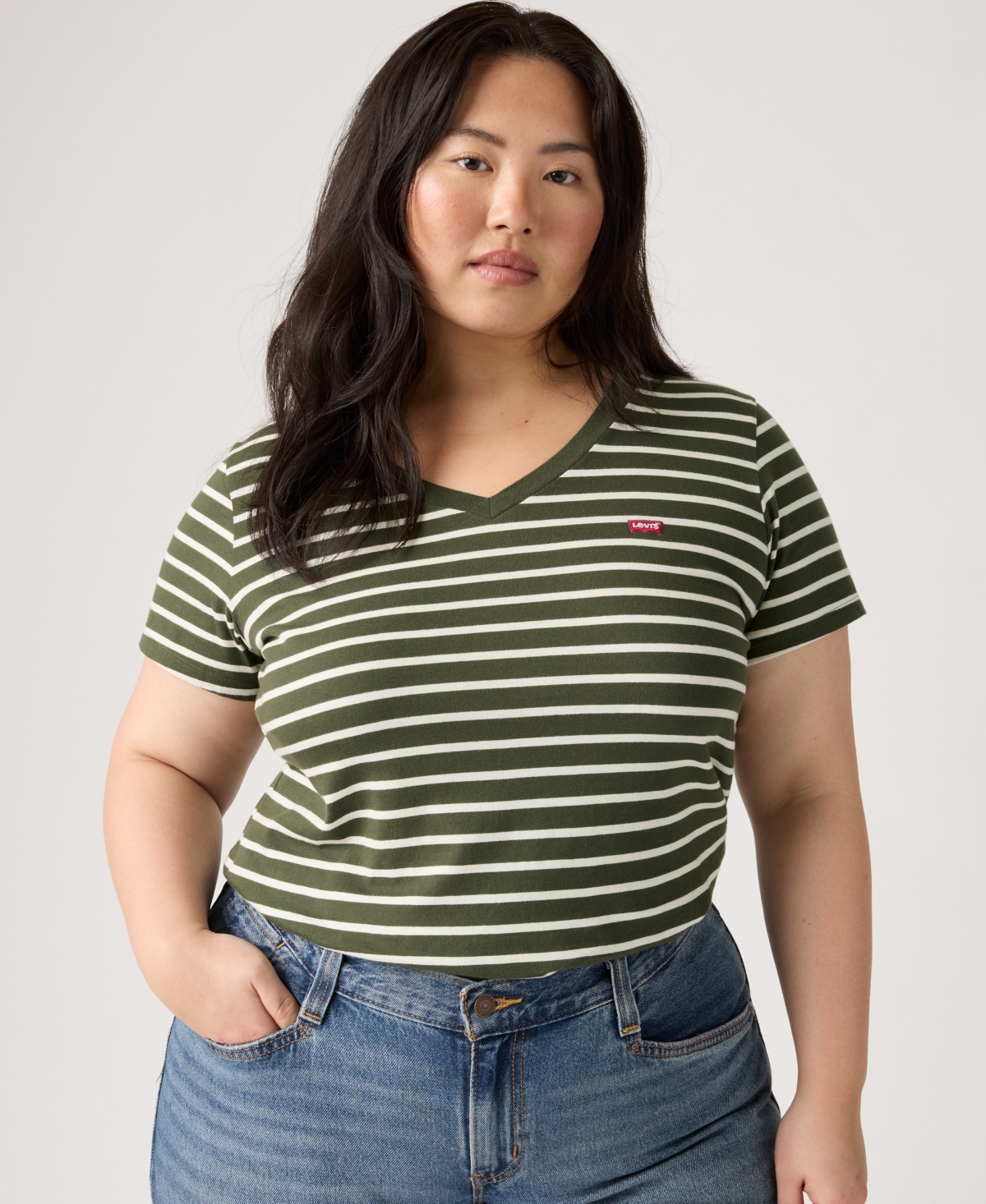 Click here for Levis Plus Size V-Neck T-Shirt - Emily Stripe Oliv... prices