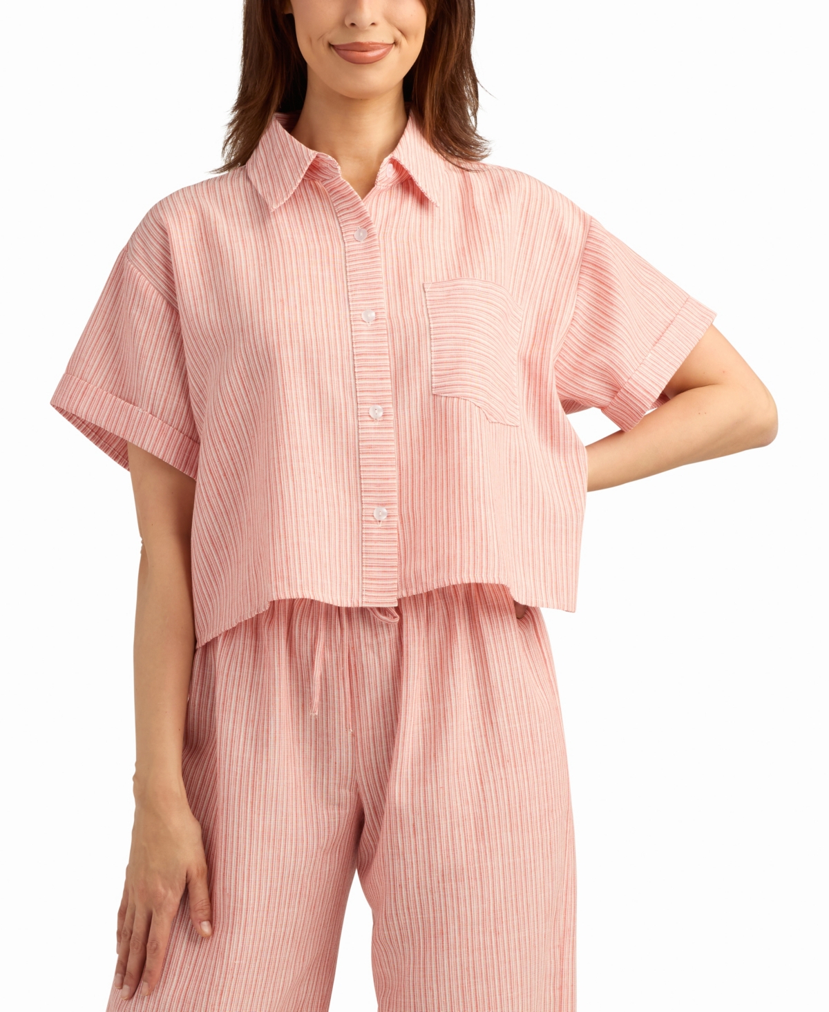 Click here for Bcx Womens Mini Striped Collared Neck Shirt - Colo... prices